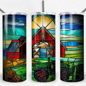 Stained Glass Farm Scene With Barn and Tractor PNG Wrap, Scenic Design ...