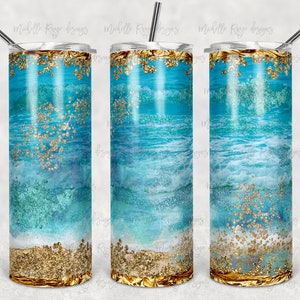Blue Sea Sand Gold Glitter Beach Sublimation 20 Oz Skinny - Etsy