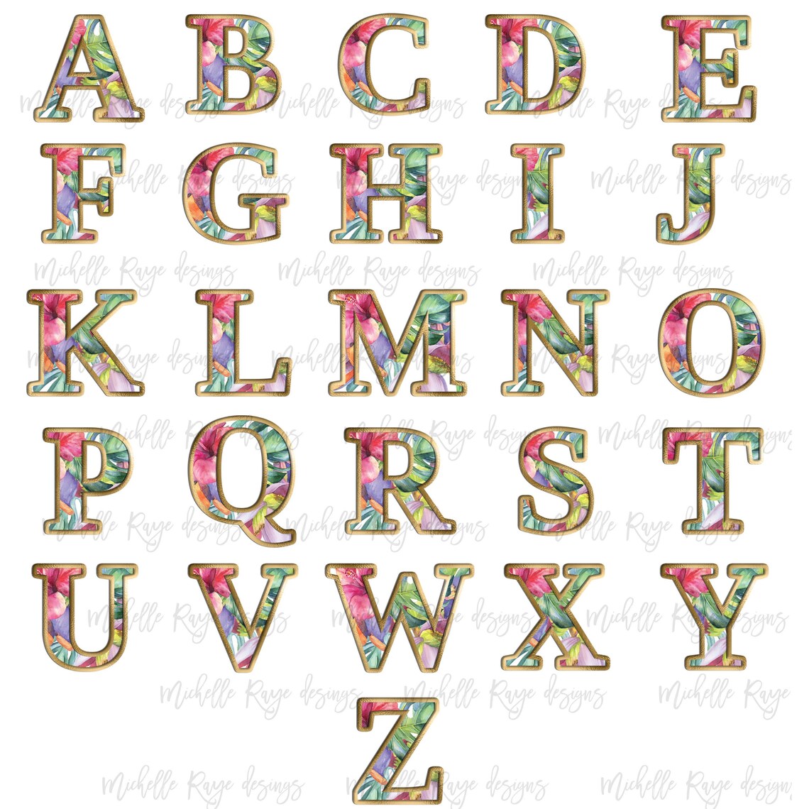 Tropical Floral Alphabet Gold Bevel PNG Overlays Letter - Etsy