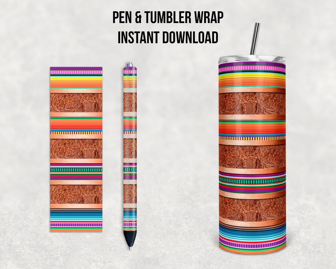 Western Tooled Leather Serape Stripes, 20 Oz Skinny Tumbler and Pen ...