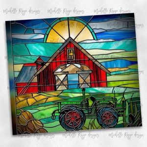 Stained Glass Farm Scene With Barn and Tractor PNG Wrap, Scenic Design ...