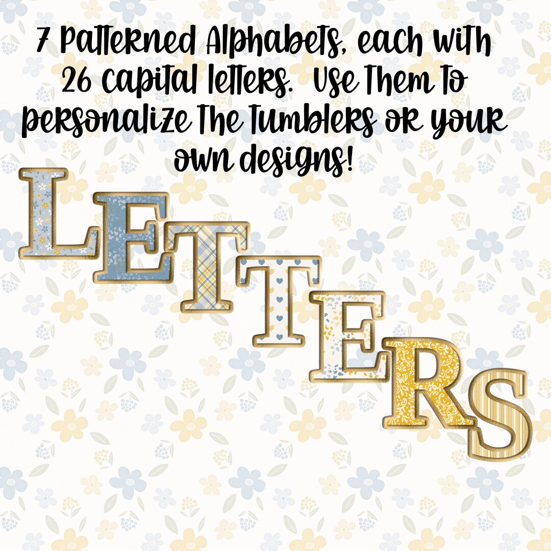 7 Sets of Blue and Yellow Floral Alphabet, Gold Bevel, PNG Overlays ...