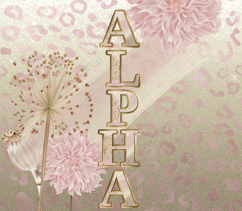 Pink and Gold Boho Floral Leopard Print Alphabet, Gold Bevel, PNG ...