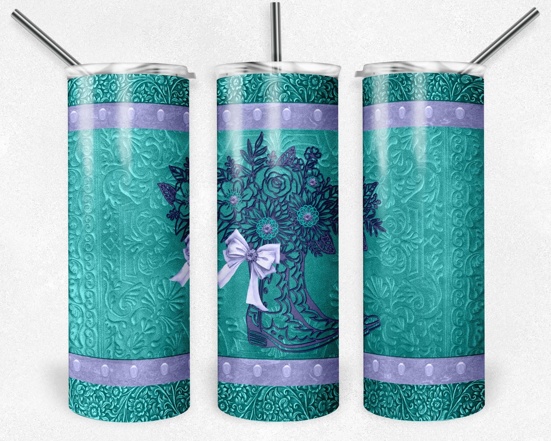 Teal and Violet Floral Cowgirl Boot Bow, Tooled Leather, Western ...