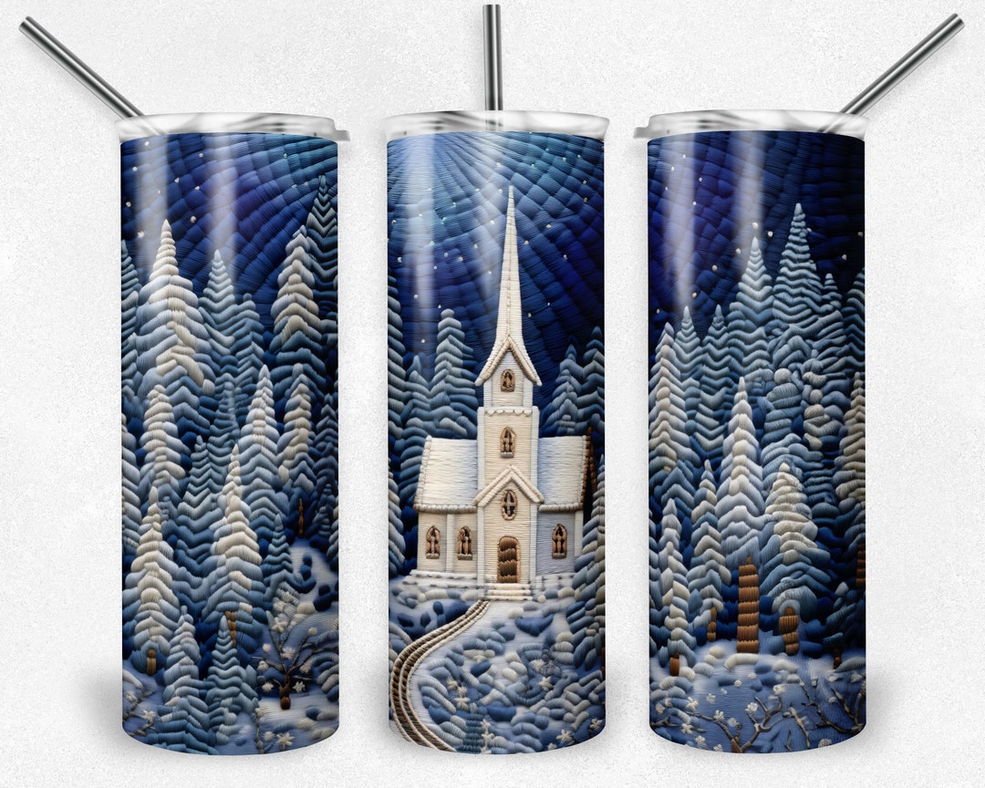 Faux Embroidered Winter Church Tumbler Wrap PNG, 20 Oz Skinny Christmas ...