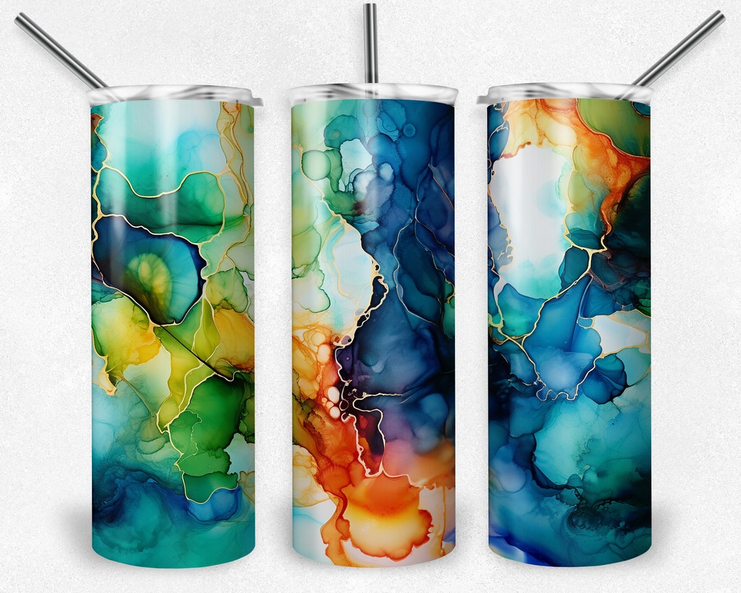 Alcohol Ink Sublimation Tumbler Wrap PNG, Geen Blue Orange Milky Way ...