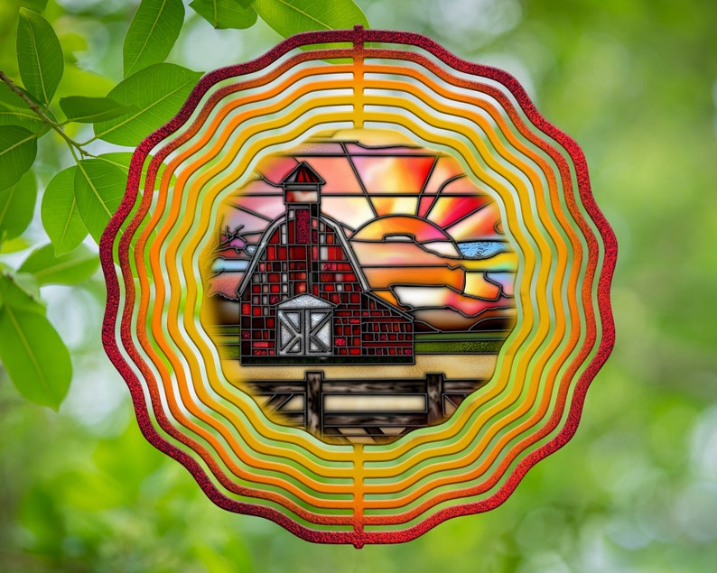 Red Barn Farm Stained Glass Design, Hanging Wind Spinners for Outdoors ...