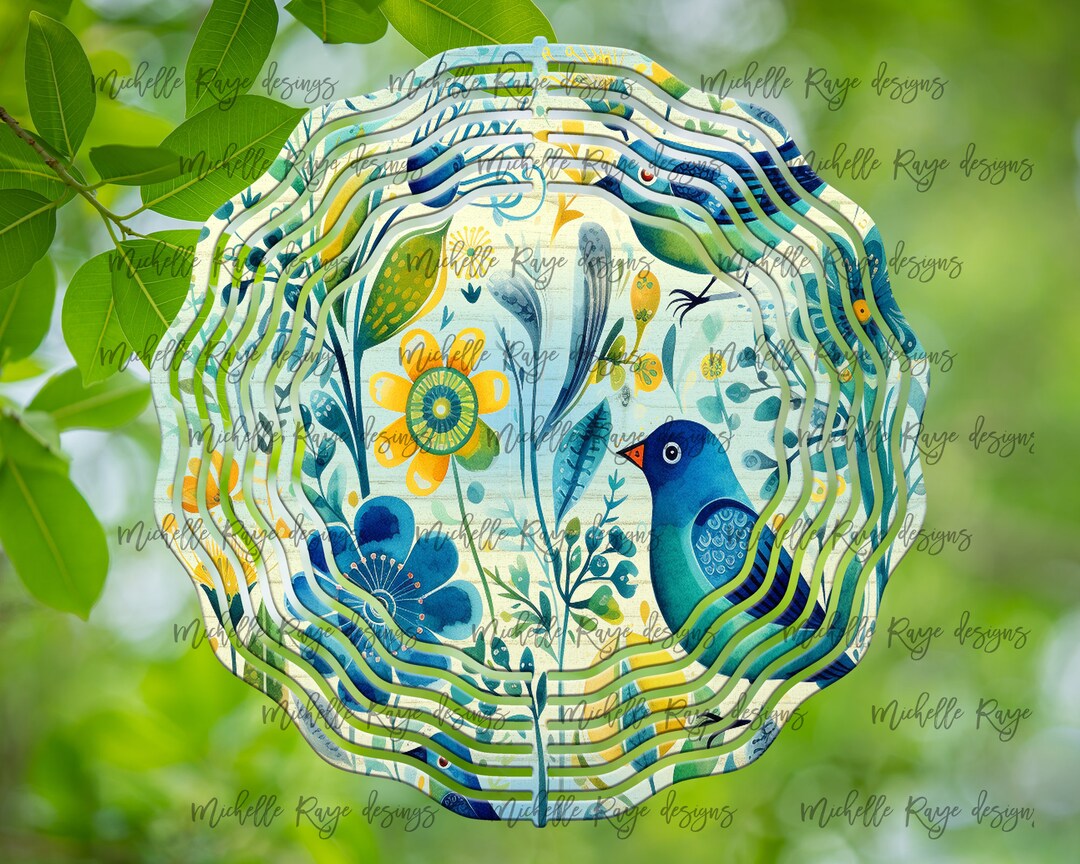 Birds and Flowers Folk Art Style Wind Spinner Design, Hanging Wind ...
