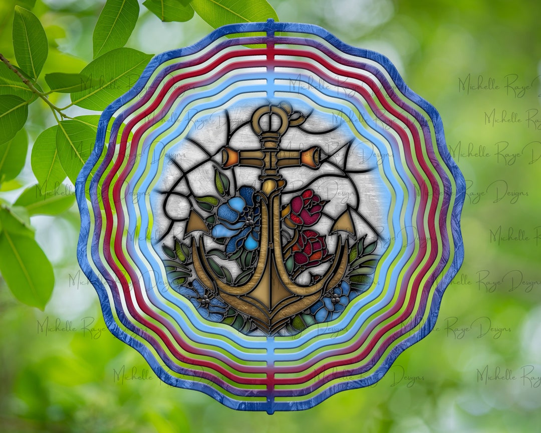 Nautical Anchor With Flowers Stained Glass Design, Hanging Wind ...