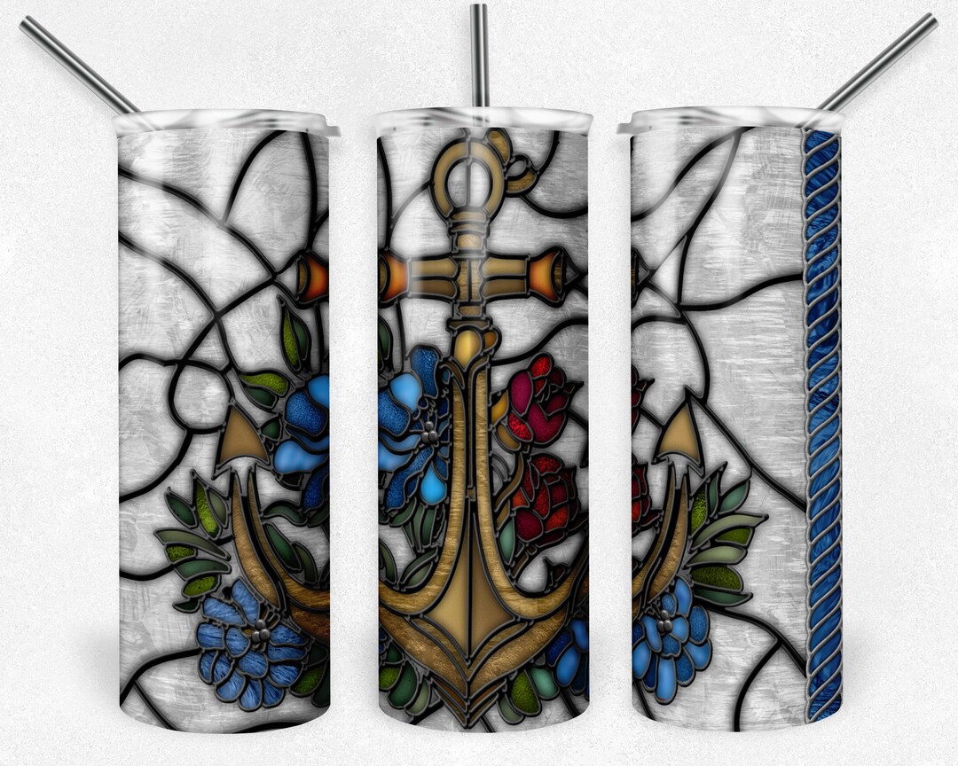 Stained Glass Floral Anchor PNG Wrap, Nautical Design, Sublimation ...