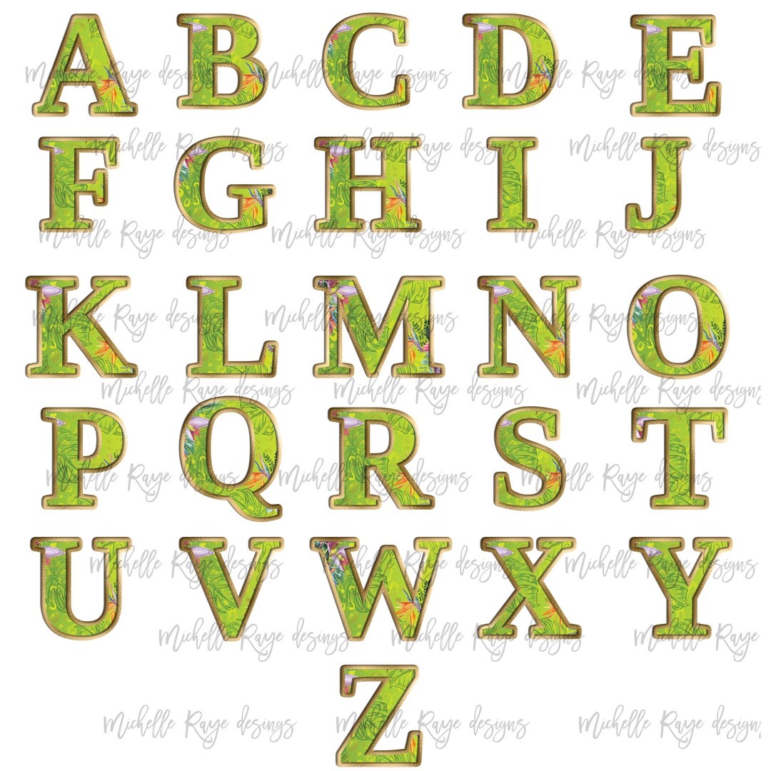 Lime Green Tropical Floral Leopard Print Alphabet, Gold Bevel, PNG ...