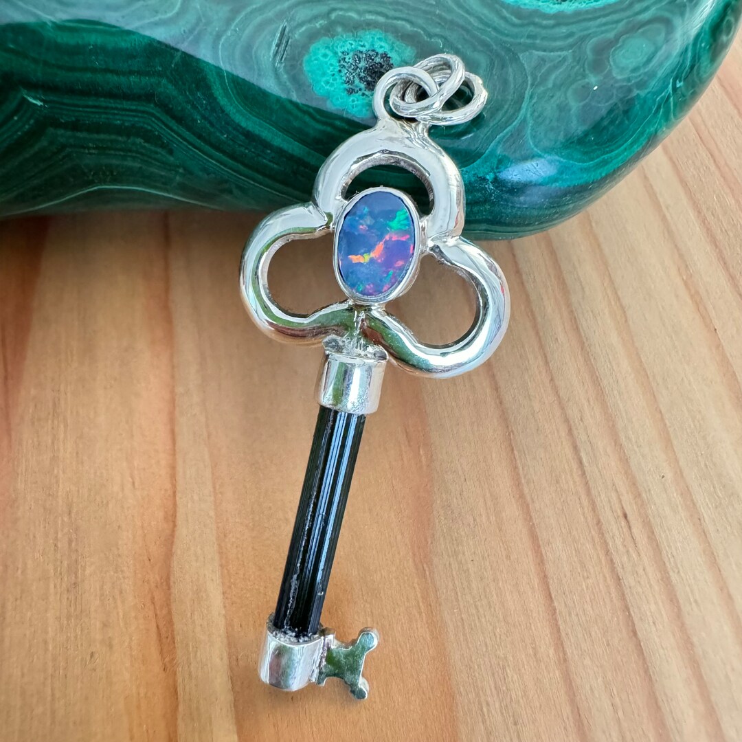 Australian Opal Key Pendant: Sterling Silver Tourmaline Gemstone ...