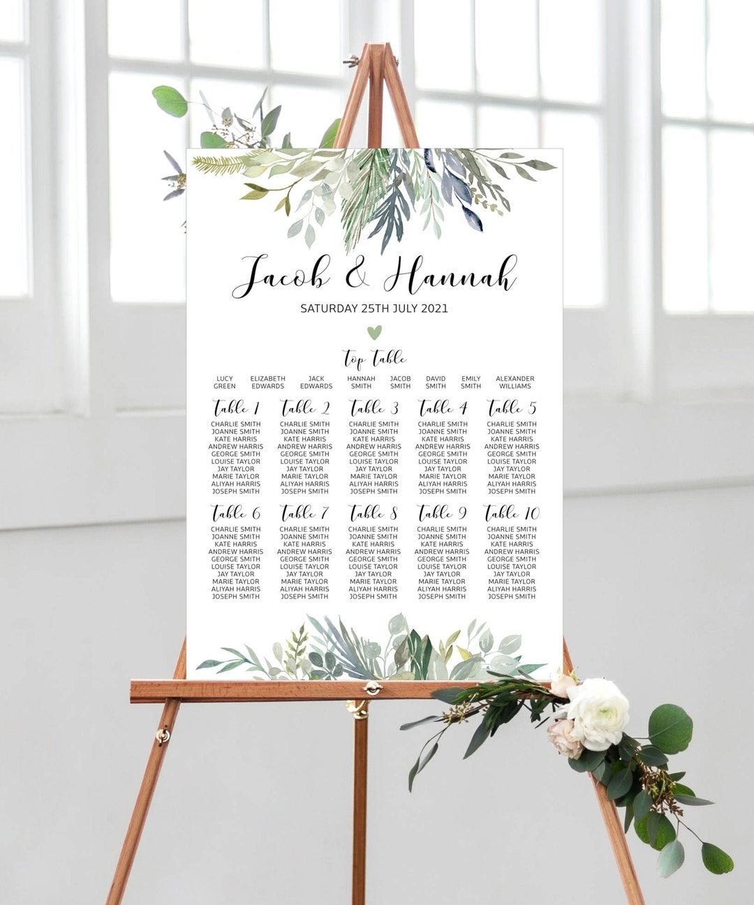 Personalised Wedding Table Seating Plan, Green Foliage Design, Sizes A3 ...