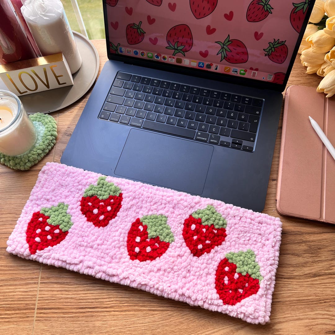 Strawberry Handmade Keyboard Rug, Pink Aesthetic Desk Decor, Fluffy ...