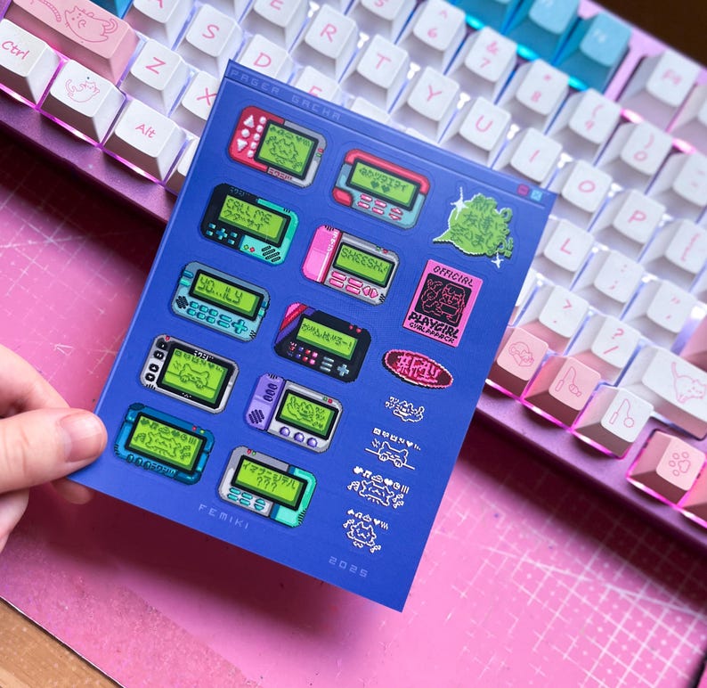 Mini Pager and Virtual Pet Y2k Purple Webcore Sticker Sheet