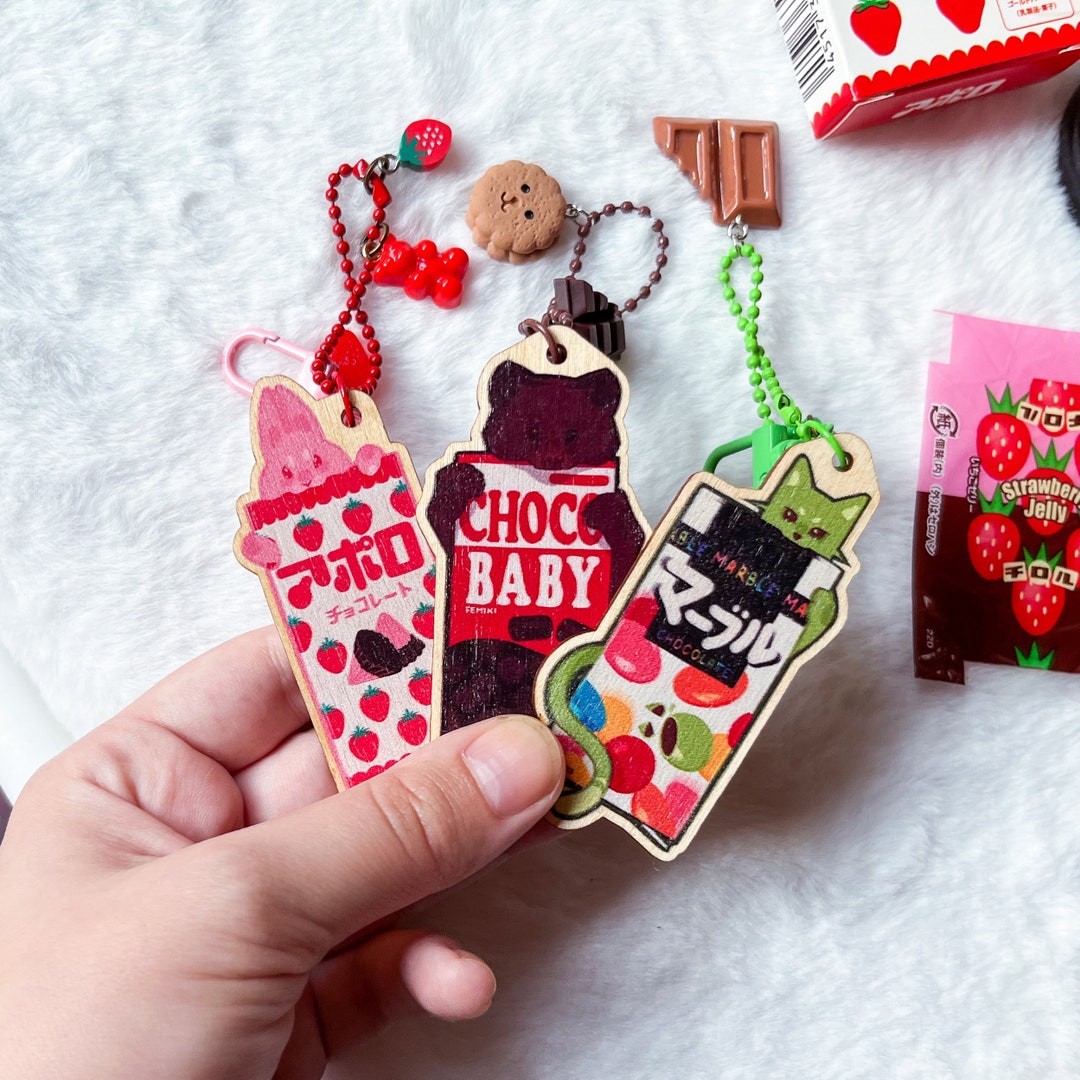 Japan Snack Pet Keychains! + FREE STICKER Set of 3 Wooden Keyrings ...
