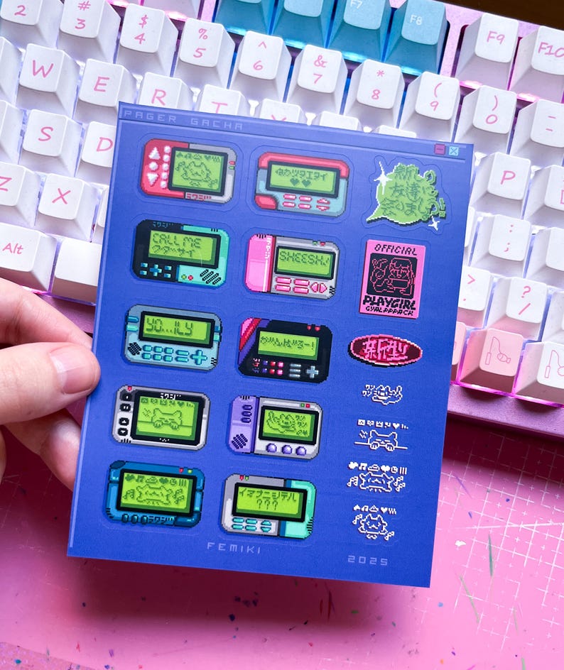 Mini Pager and Virtual Pet Y2k Purple Webcore Sticker Sheet