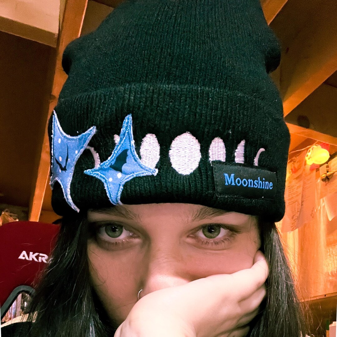Moon Phases and Sparkle Bats Beanie With Handsewn Patches Pastel Goth Streetwear Apparel 3 - Etsy