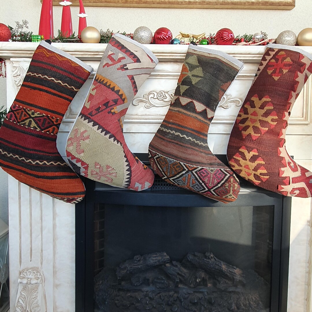 Set of 4 Boho Christmas Decor Stocking, Large Rug Stocking, Authentic ...