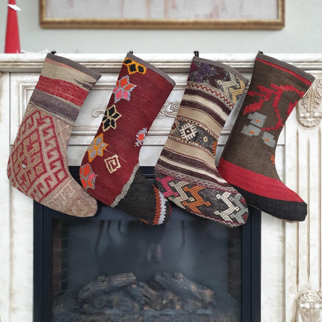 Family Set of 4 Christmas Stocking Large Wool, Red Kilim Stocking ...