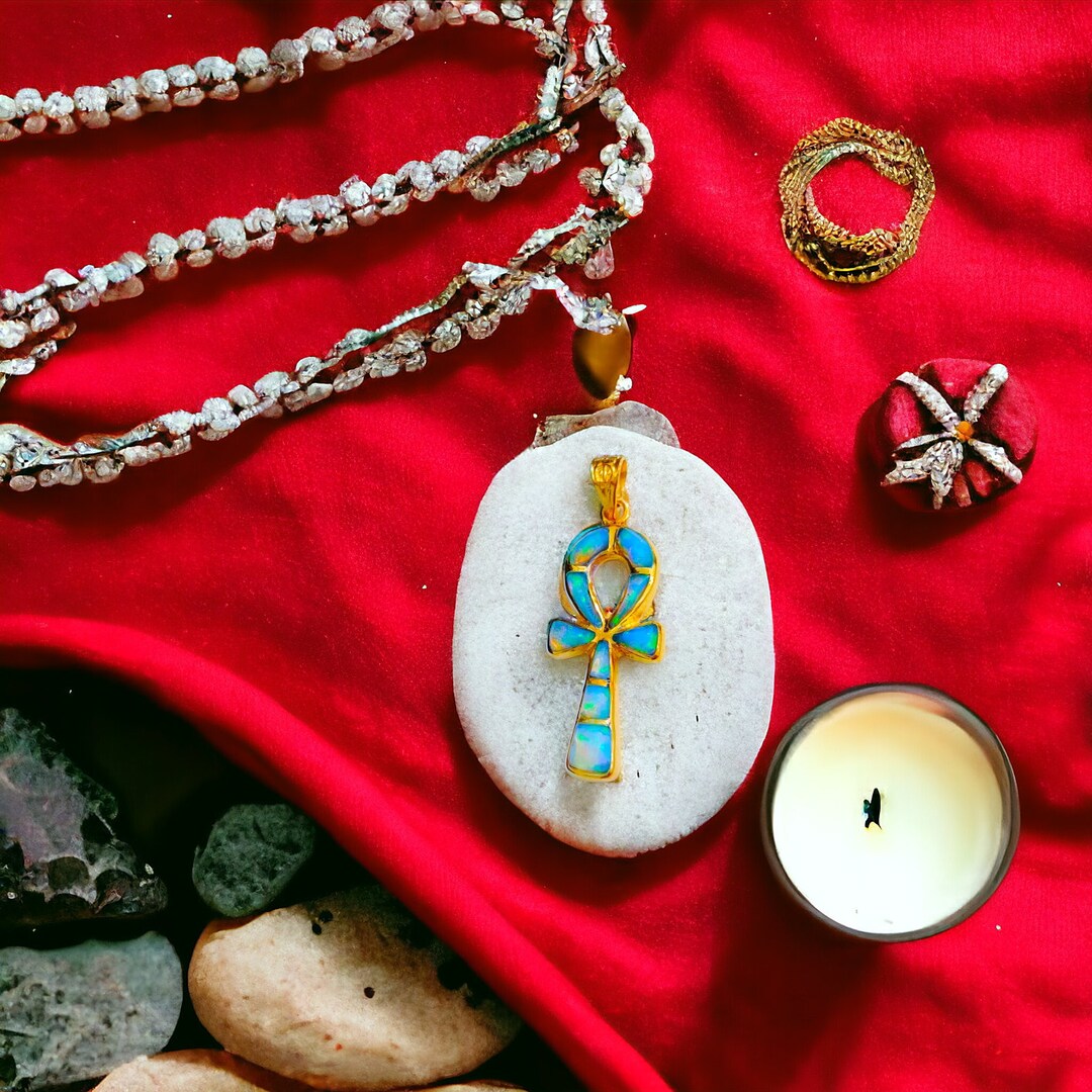Gold Sparkle Opal Key of Life Ankh Pendant Necklace, Egyptian Jewelry ...