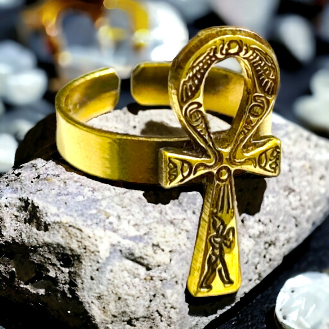 14K Gold Filled Akhenaton Prayers Ankh Key of Life Adjustable Ring ...