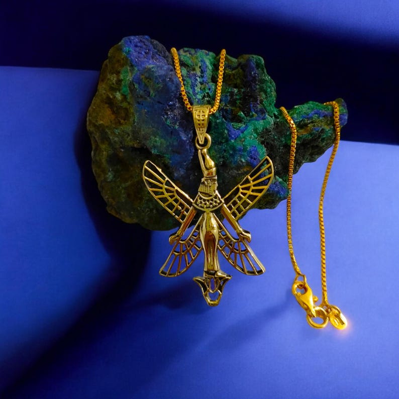 18K Real Solid Gold Winged Goddess Isis Pendant Necklace, Egyptian ...