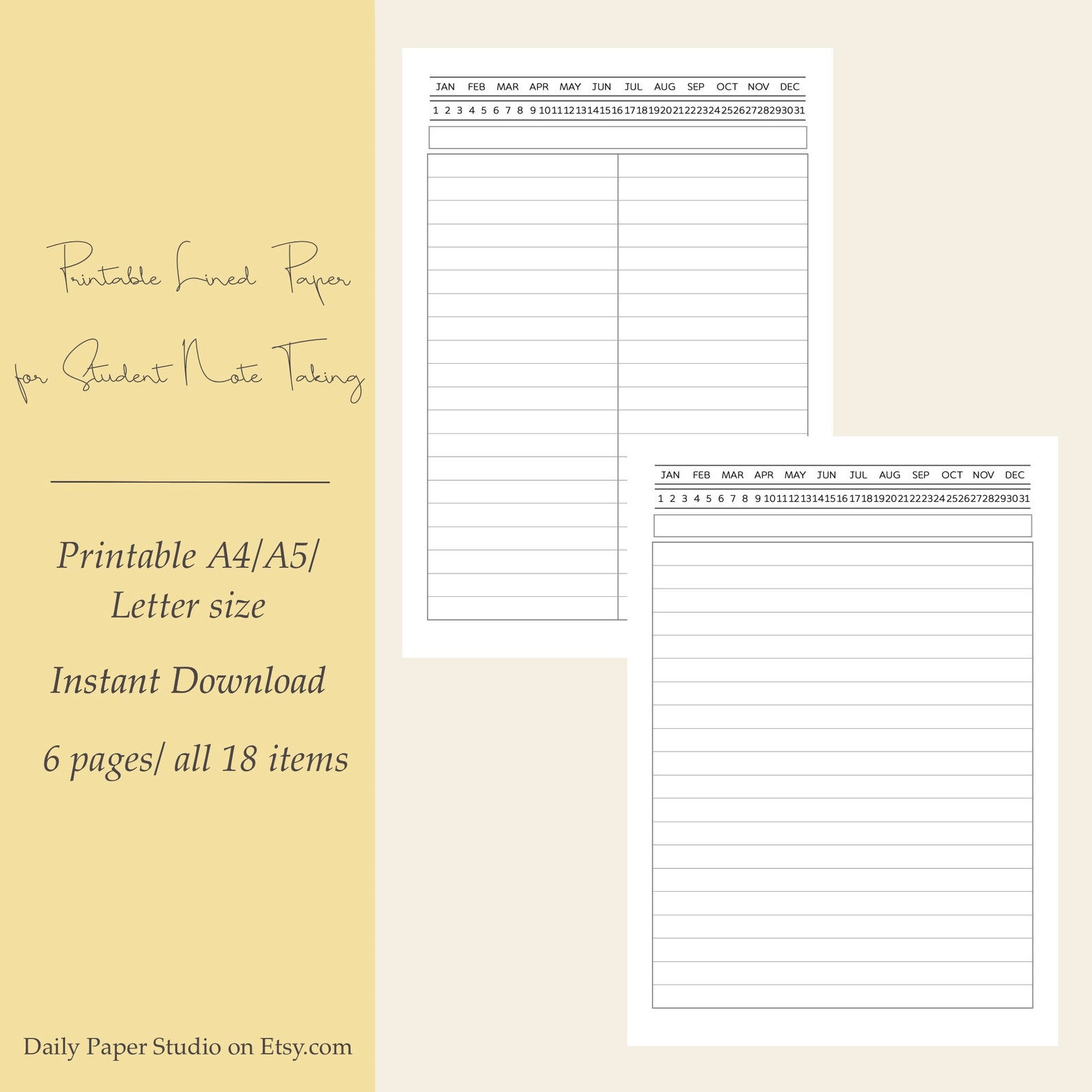 Printable Lined Paper for Student Note Taking, Templates, A4, A5 ...