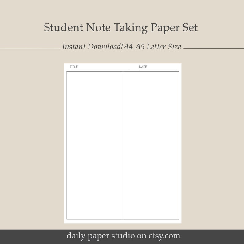 Student Note Taking Paper Set, Printable, Instant Download, A4, A5 ...