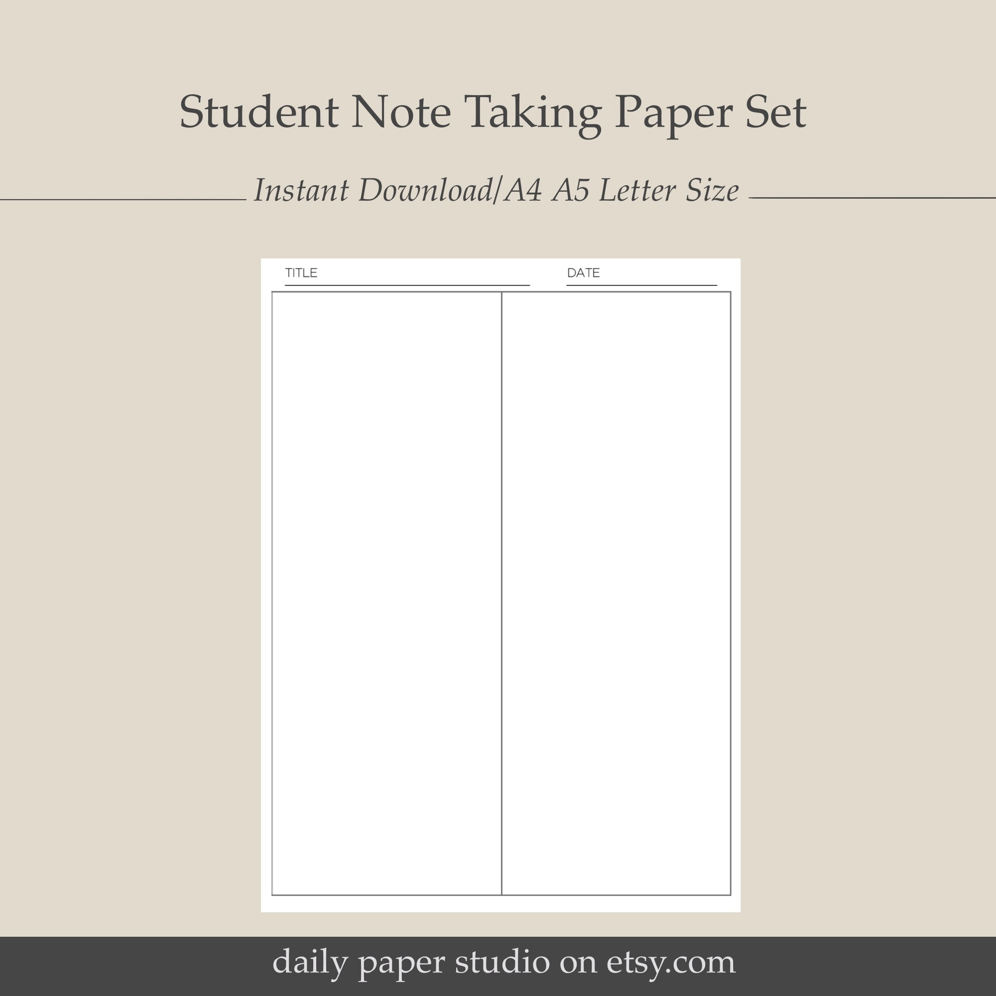 Student Note Taking Paper Set, Printable, Instant Download, A4, A5 ...