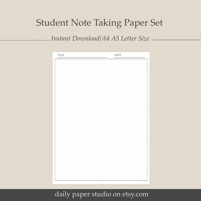 Student Note Taking Paper Set, Printable, Instant Download, A4, A5 ...
