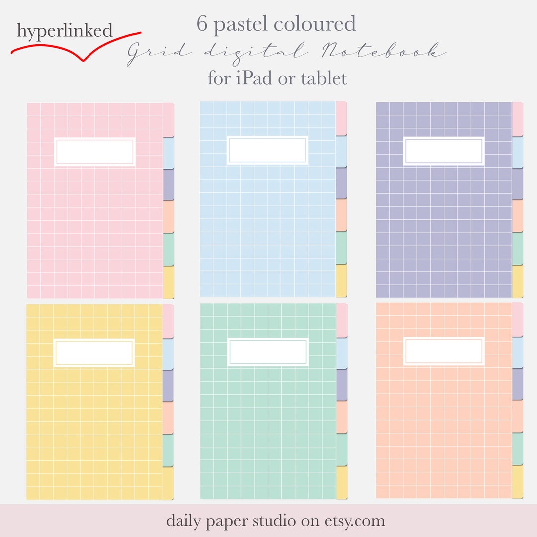 6 Pastel Coloured Grid Digital Notebook, Hyperlinked, Digital Notes ...