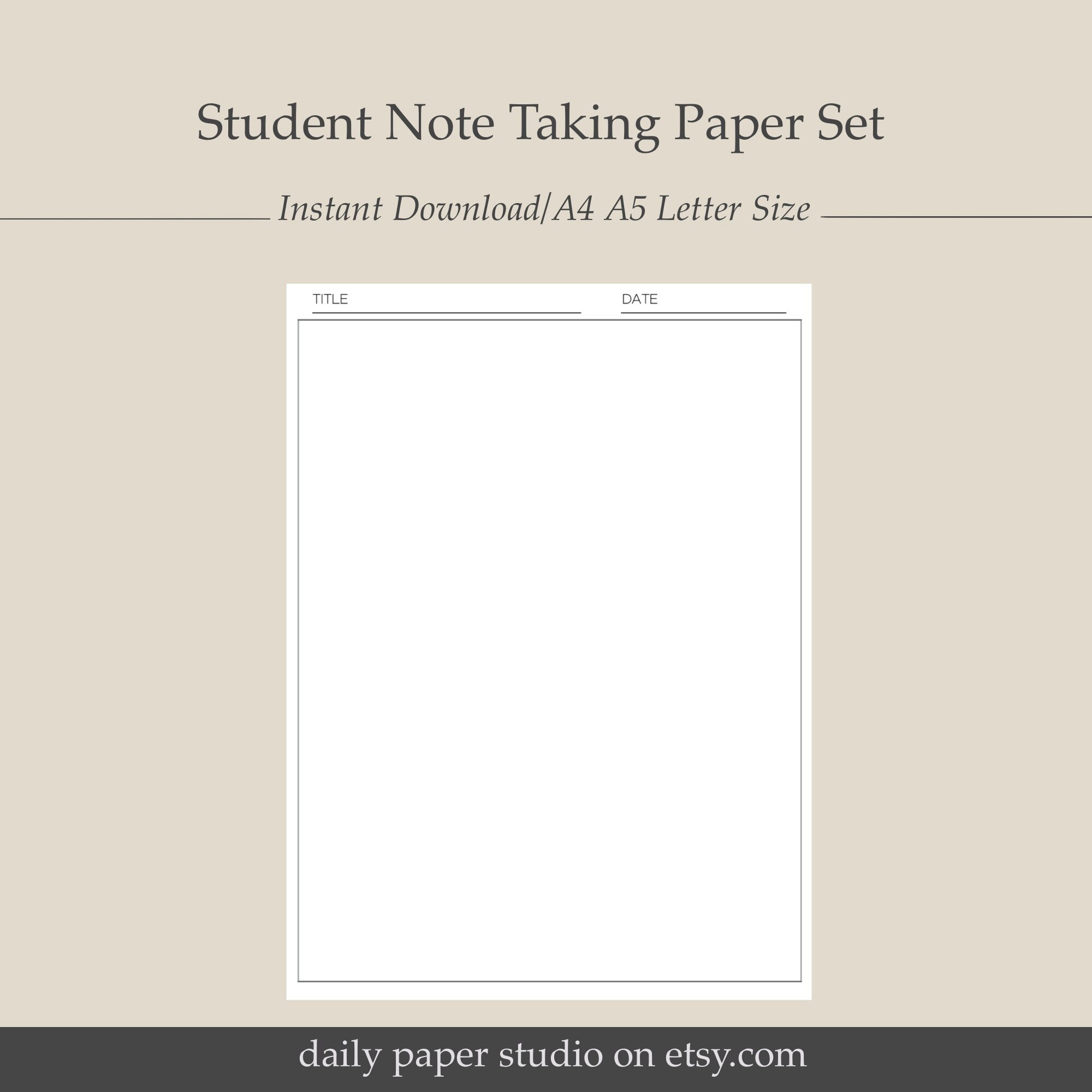 Student Note Taking Paper Set, Printable, Instant Download, A4, A5 ...