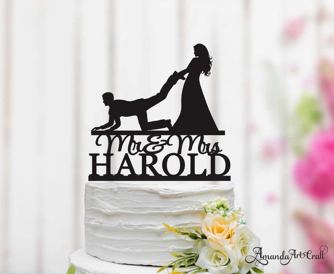 Couple Wedding Cake Topper, Bride Dragging Groom Cake Topper, Mr and ...