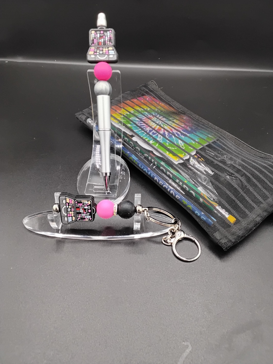 Hand Beaded Pen and Keychain, Black Mesh Bag, 4 Different Pens,a ...