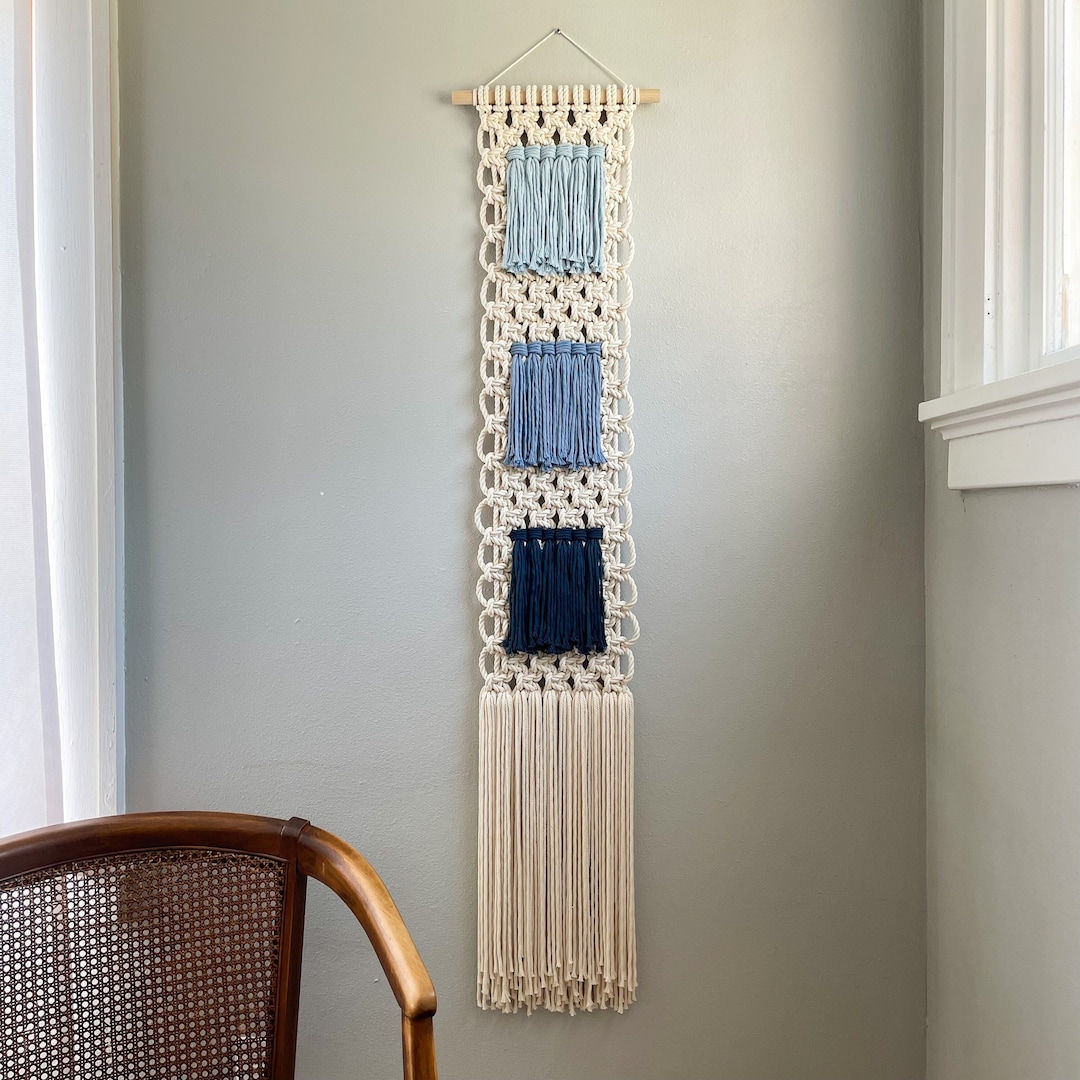 Blue Ombre Macrame Wall Hanging, Long Modern Fiber Art Tapestry, Boho ...