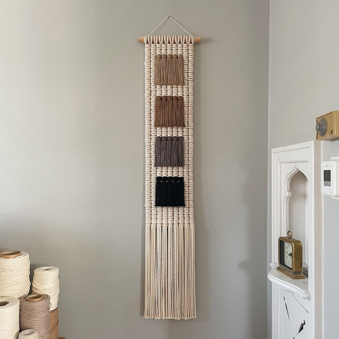Long Macrame Wall Hanging, Vertical Fiber Art Decor, Narrow Textile ...
