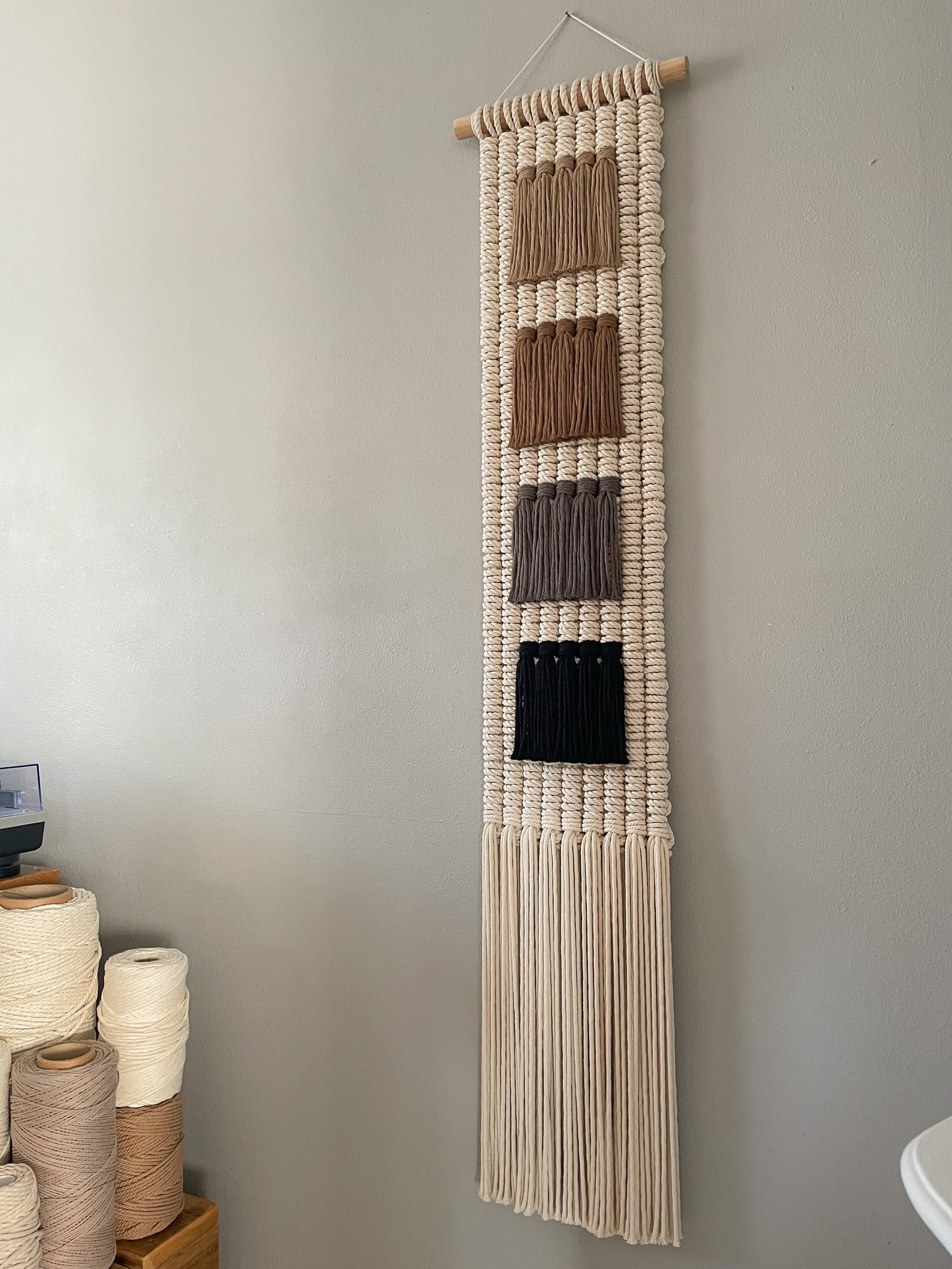 Long Macrame Wall Hanging, Vertical Fiber Art Decor, Narrow Textile ...