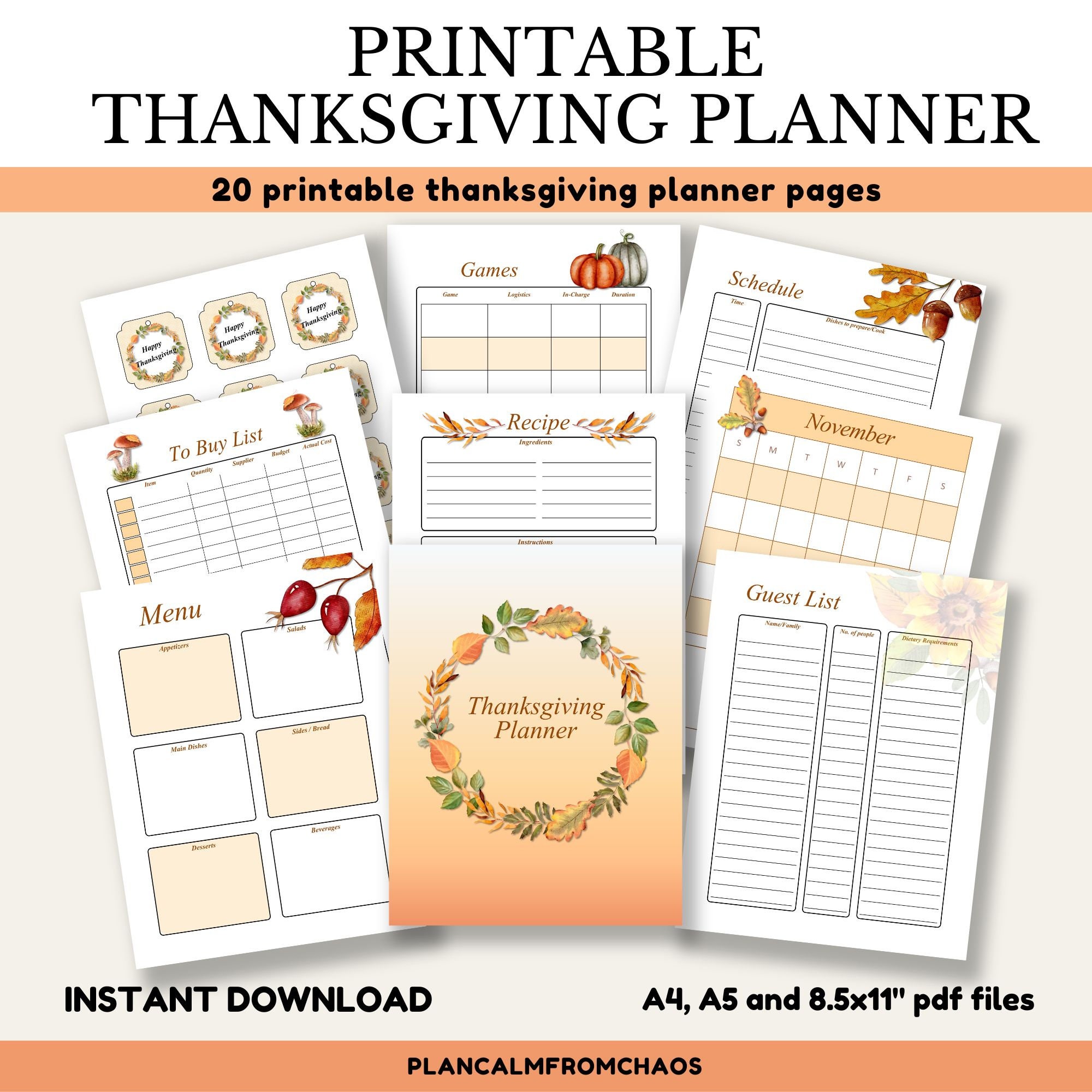 Thanksgiving Planner Printable DIGITAL DOWNLOAD 20 Pages - Etsy UK