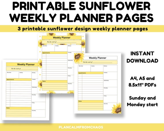 Printable Sunflower Weekly Planner Pages DIGITAL DOWNLOAD - Etsy UK