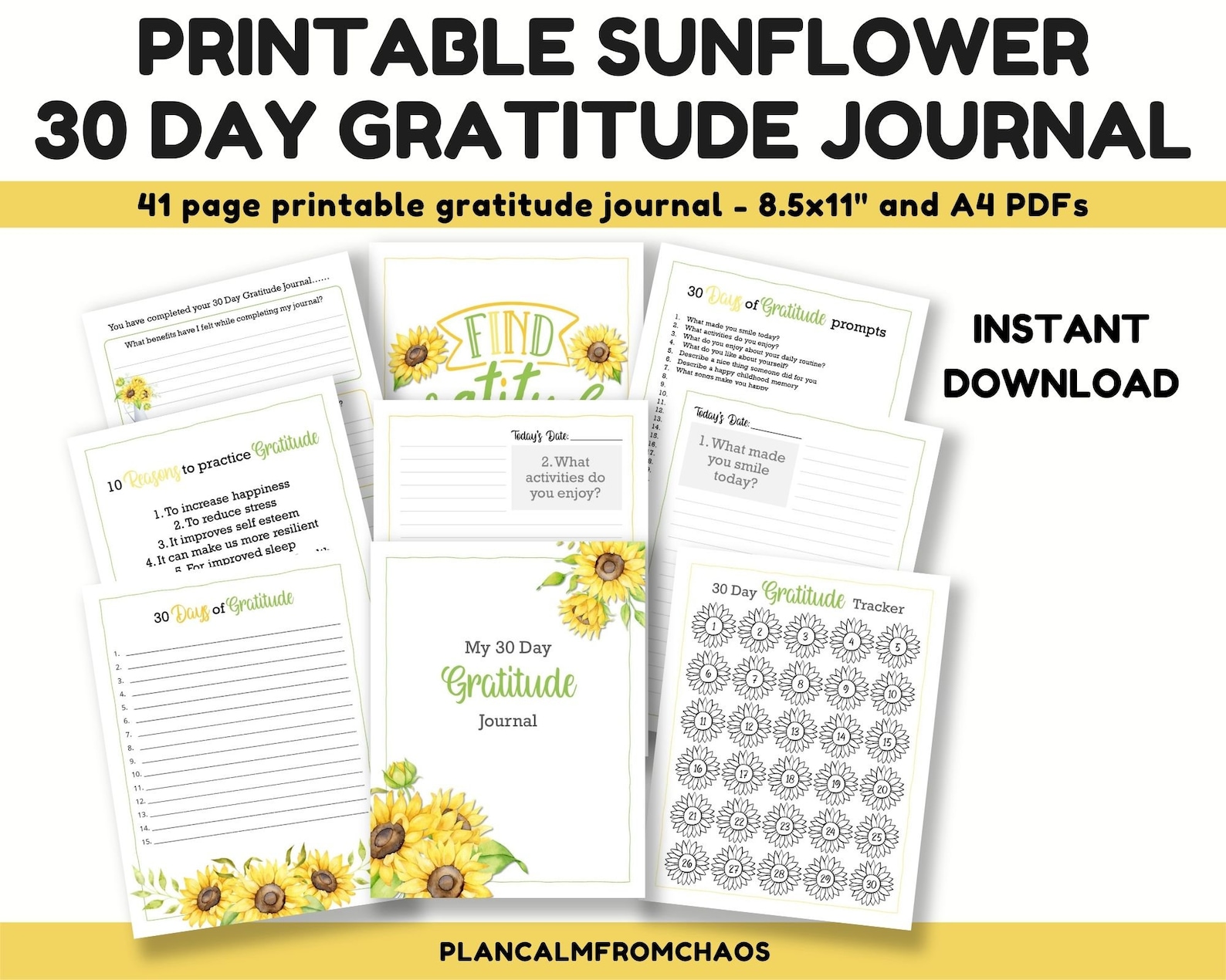 Printable Sunflower 30 Day Gratitude Journal DIGITAL - Etsy
