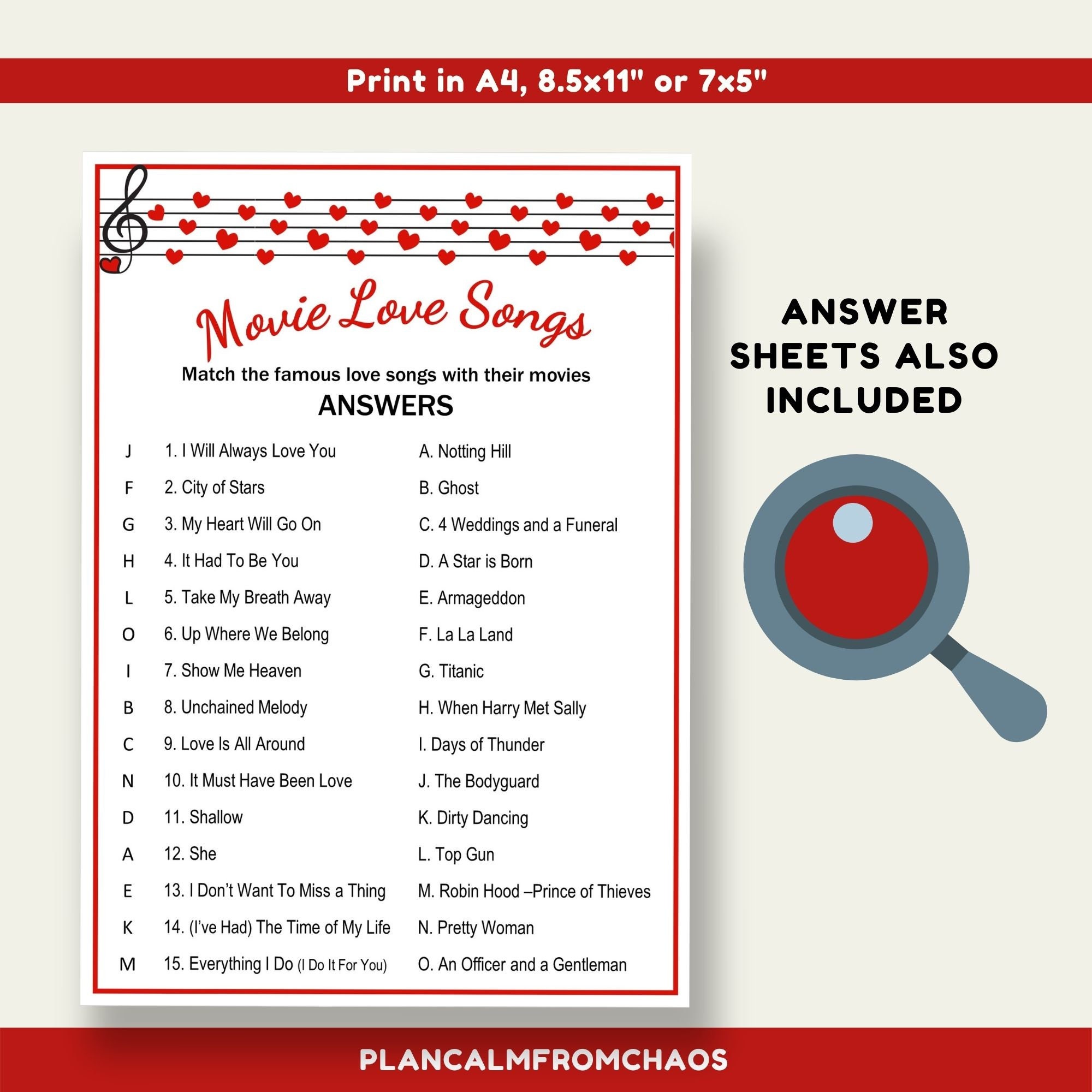 Valentines Day Printable Games, Movie Love Songs, DIGITAL DOWNLOAD ...