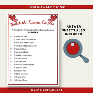 Valentines Day Printable Games, Match the Famous Couples, DIGITAL ...