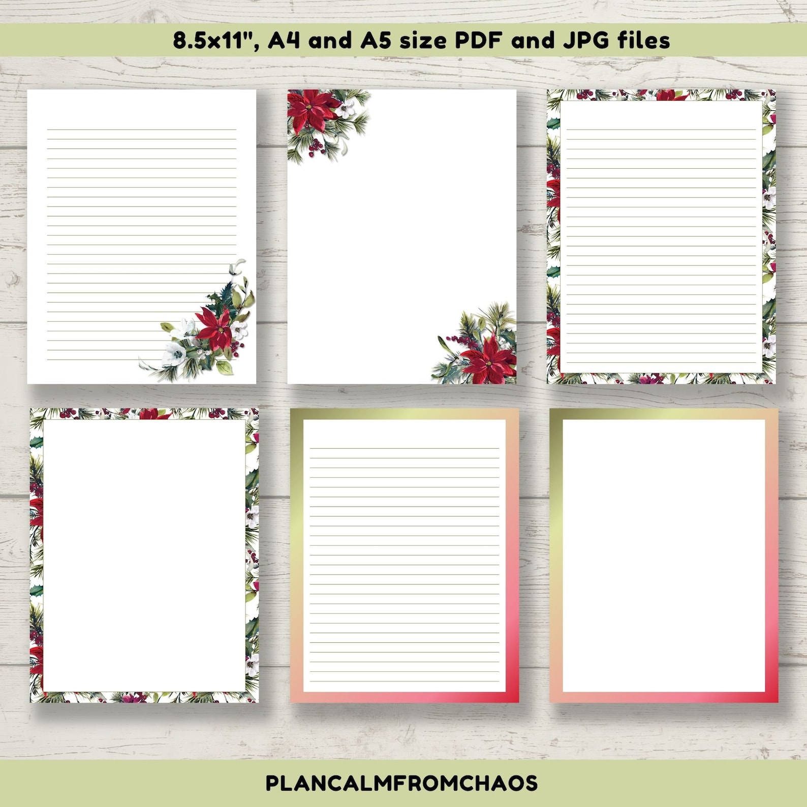 Printable Christmas Poinsettia Stationery, DIGITAL DOWNLOAD, Printable ...