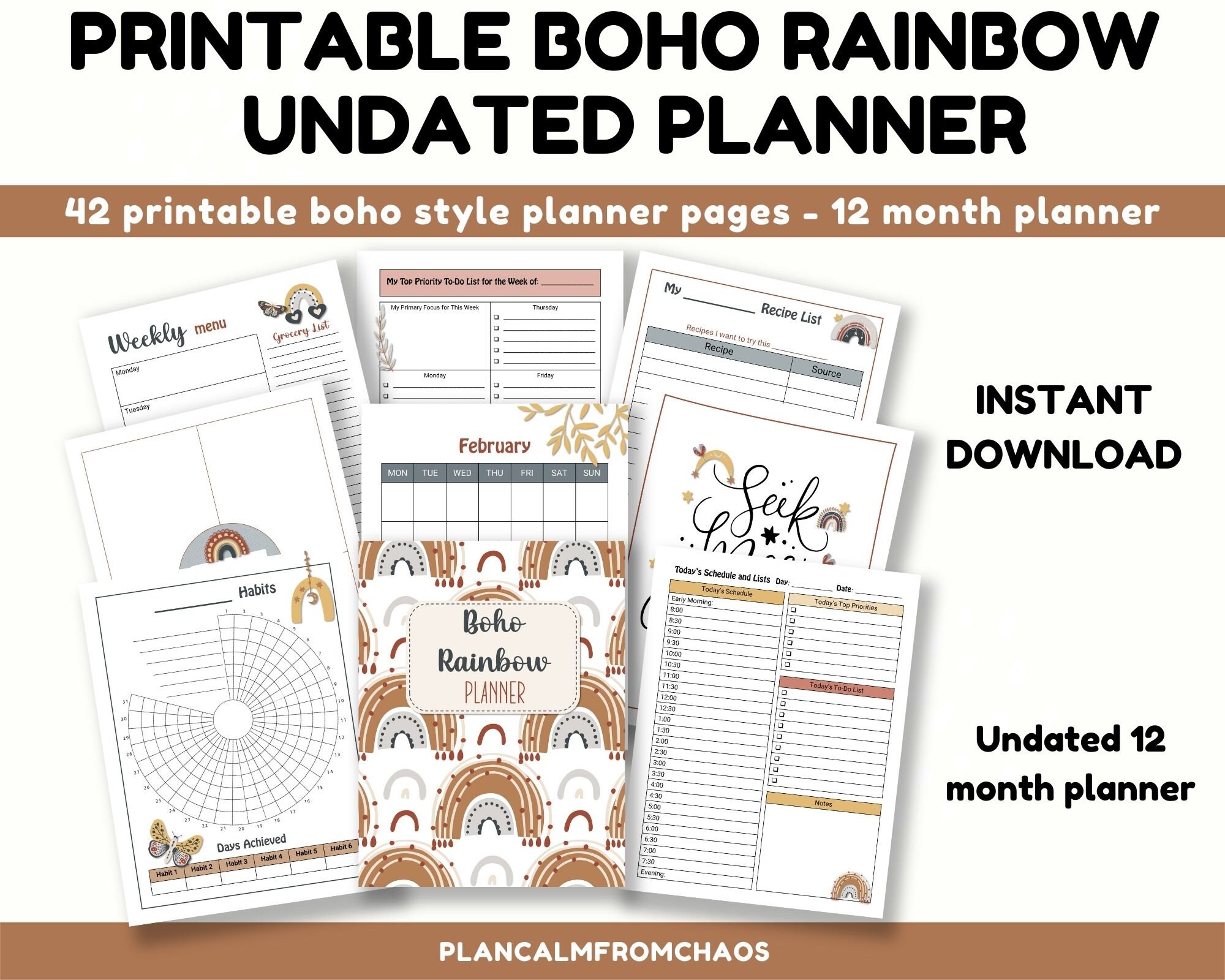 Printable Rainbow Boho Undated Planner DIGITAL DOWNLOAD 42 - Etsy