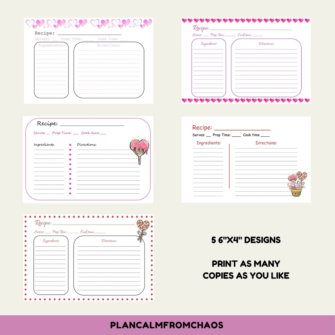 Printable Valentine's Day Recipe Cards, DIGITAL DOWNLOAD, 6"x4", 5 ...