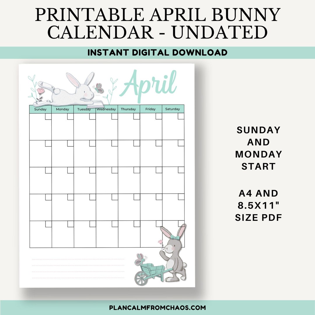 Printable April Monthly Calendar, DIGITAL DOWNLOAD, Undated April Bunny ...