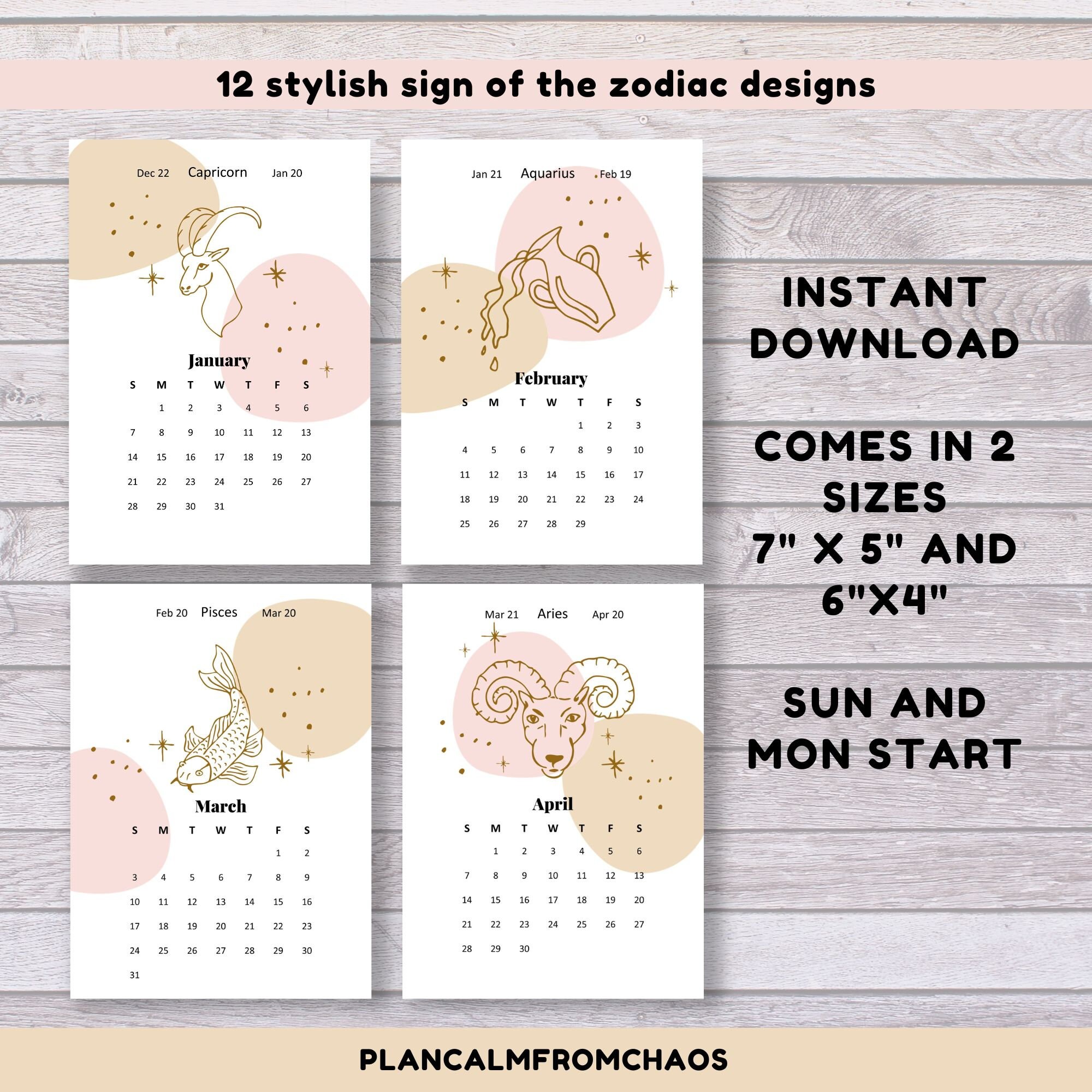 Printable 2024 Zodiac Desk Calendar, DIGITAL DOWNLOAD, Stylish ...