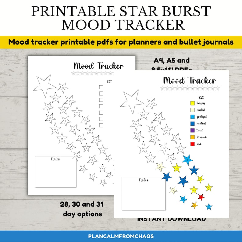 Star Mood Tracker Printable Pages. 28 30 and 31 Day Mood Tracker Pdfs ...