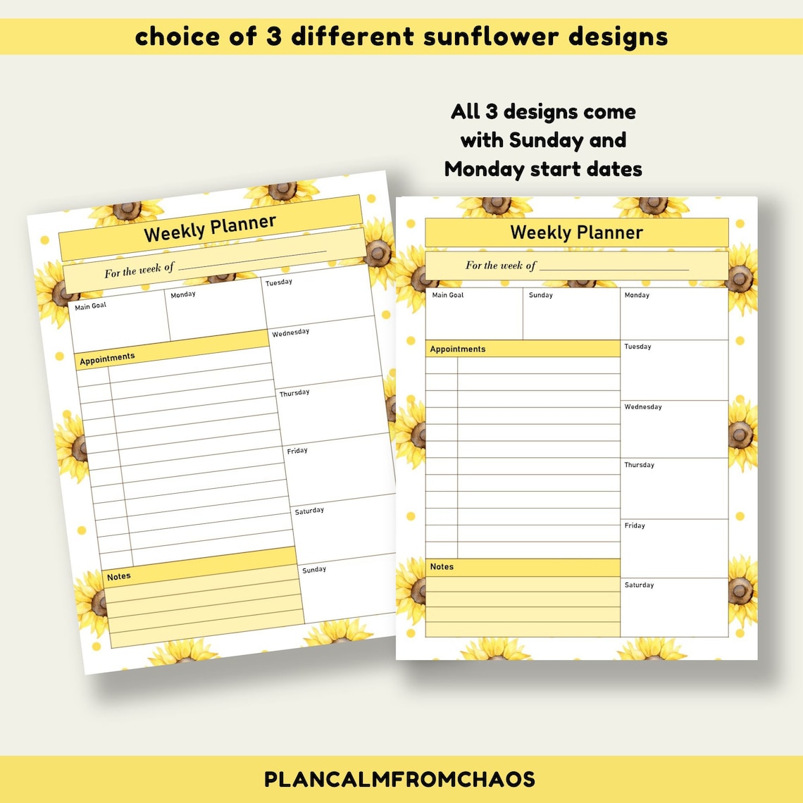 Printable Sunflower Weekly Planner Pages, DIGITAL DOWNLOAD, A4, A5 and ...